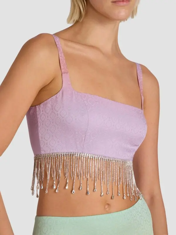 Casablanca Diamonte Fringe Silk Crop Top