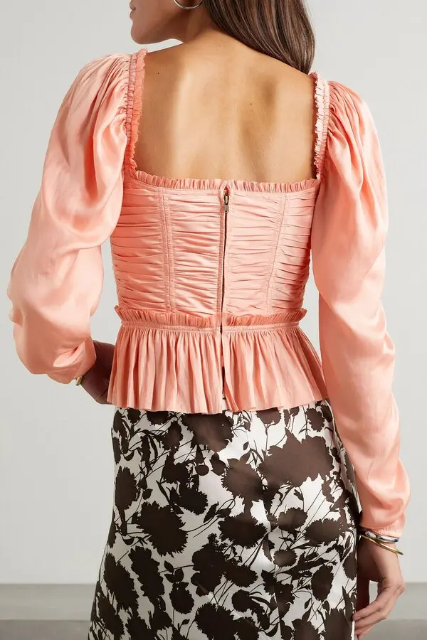 Ulla Johnson Mia Ruched Satin Peplum Blouse - Antique Rose