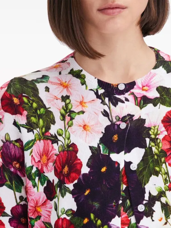 Oscar De La Renta Hollyhocks Floral-print Cardigan - Pink