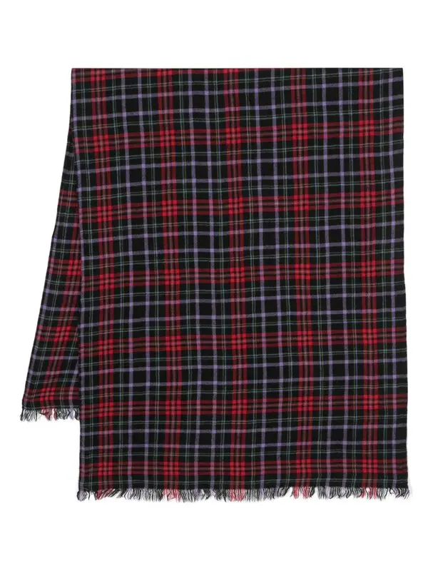 Yohji Yamamoto Checked Frayed Wool Scarf - Black