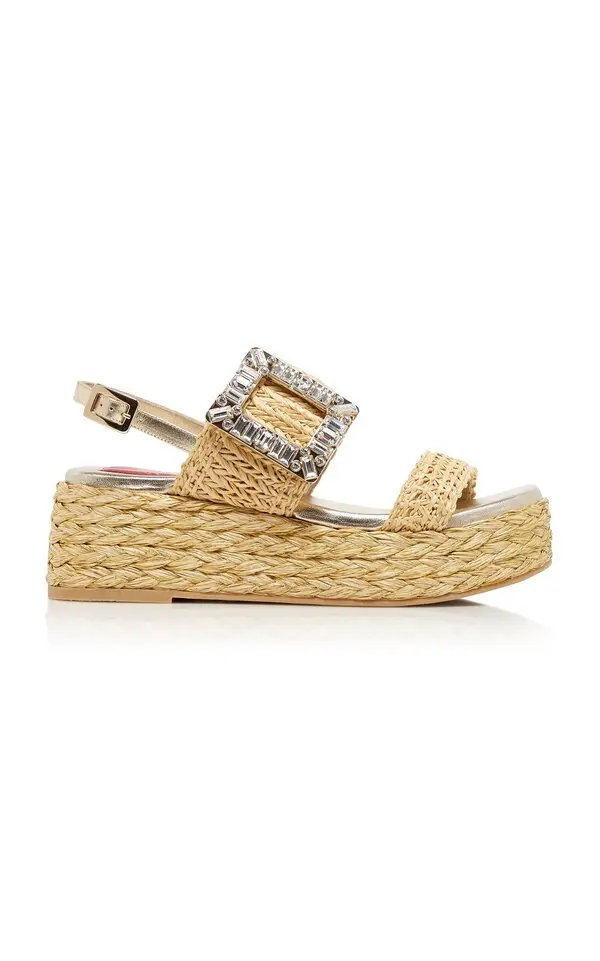 ROGER VIVIER Crystal-buckle Raffia Platform Sandals - Neutral