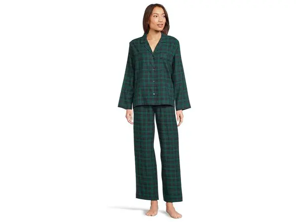 Eberjey Flannel Long Pj Set Pajama Sets Black Watch Tartan Rainforest/na - Green