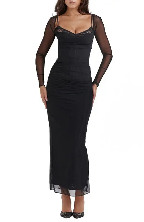 House Of Cb Katrina Lace Mesh Long Sleeve Gown - Black