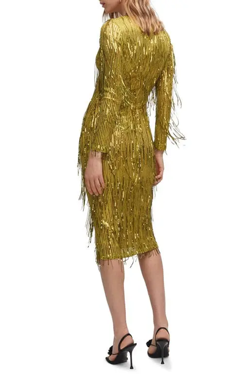 Mango Sequin And Bead Fringe Long Sleeve Dress In Olive Green - 70% Off |  Editorialist