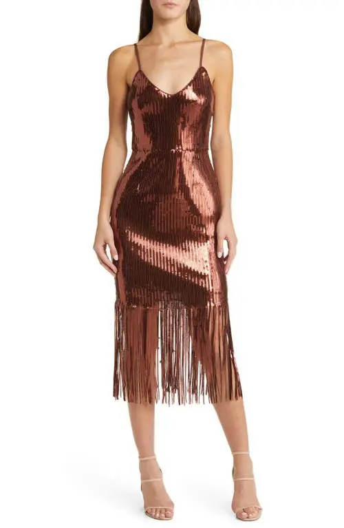 Lulus Anjou Sequin Fringe Cocktail Dress In Bronze - 61% Off | Editorialist