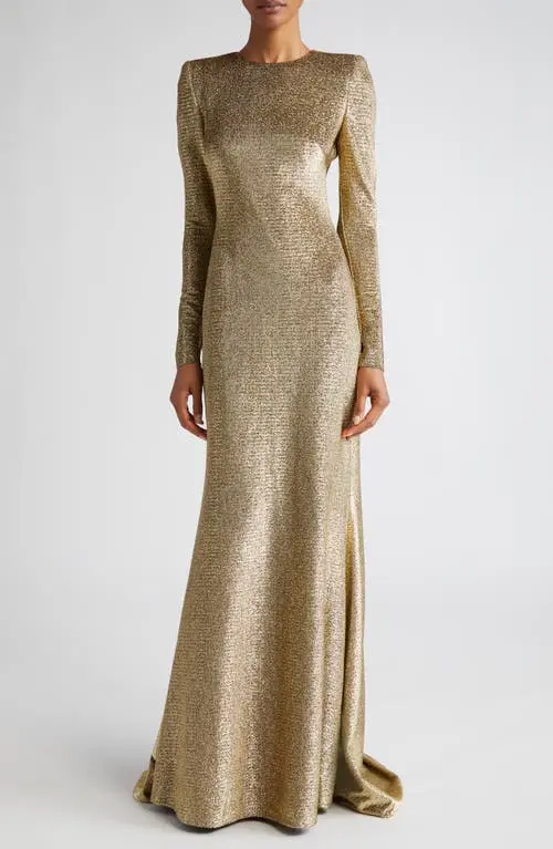 slim fit dress slacks Women's Berkley Trumpet Jewel Neck Silk Floor Length Dress  XS/S/M/L/XL/XXL/Customize Gold Lame MEAN BLVD main image 0