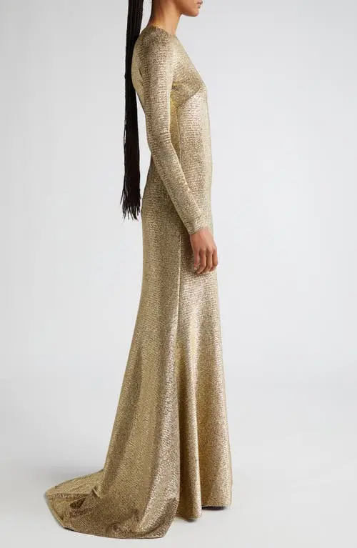 Oscar De La Renta Long Sleeve Lam Gown With Train In Gold - 55% Off |  Editorialist