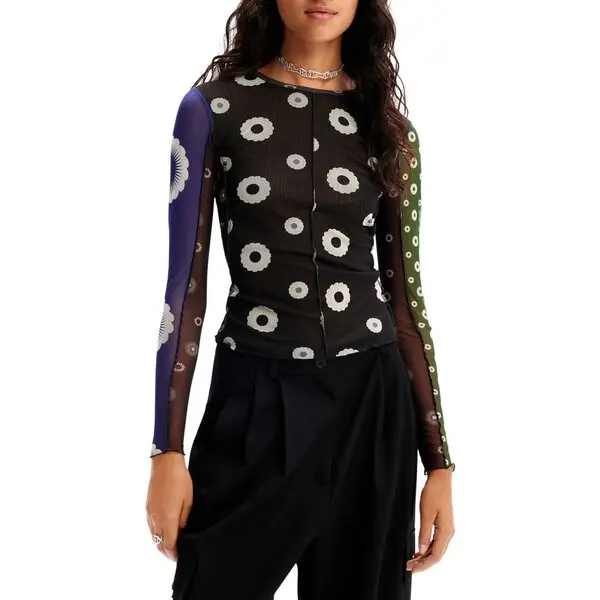 Desigual Mixed Print Colorblock Mesh Top