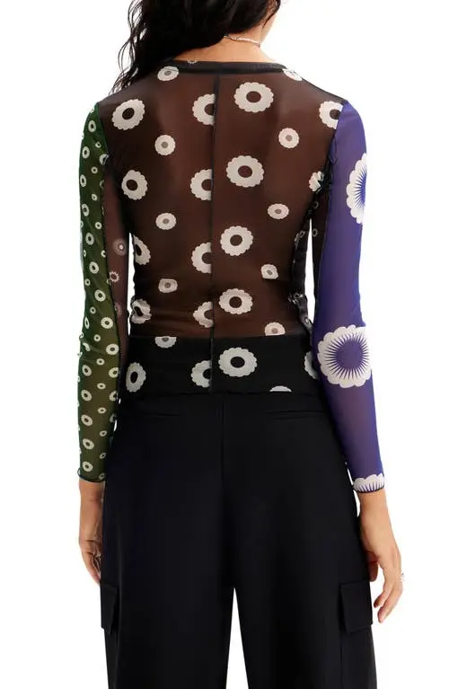 Desigual Mixed Print Colorblock Mesh Top