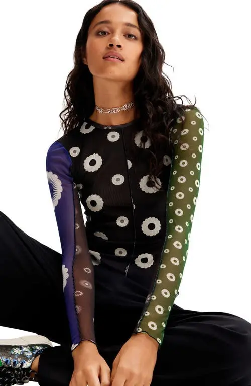 Desigual Mixed Print Colorblock Mesh Top