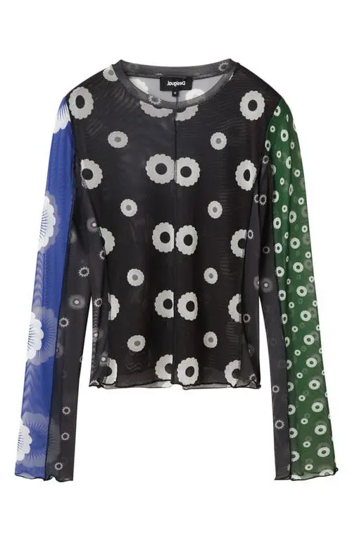 Desigual Mixed Print Colorblock Mesh Top