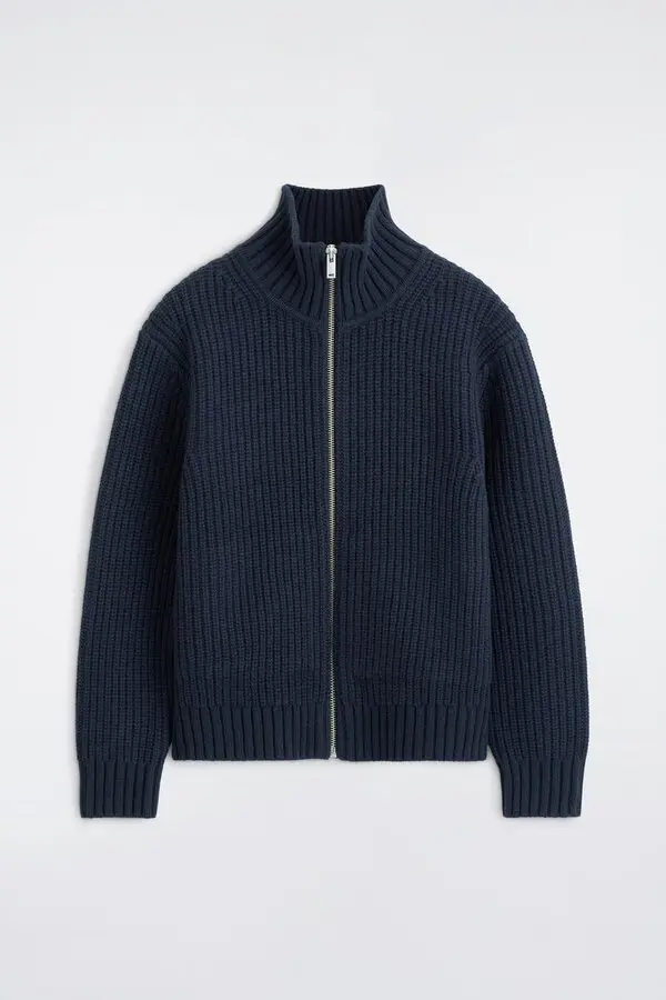 Cos Funnel-neck Knitted Wool Jacket - Navy