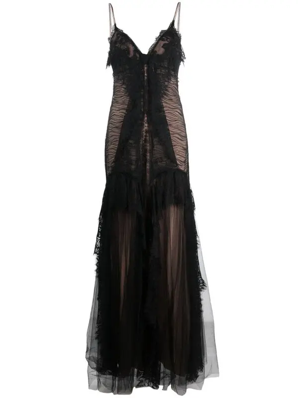Alberta Ferretti Lace-panelled Ruffled Maxi Dress - Black
