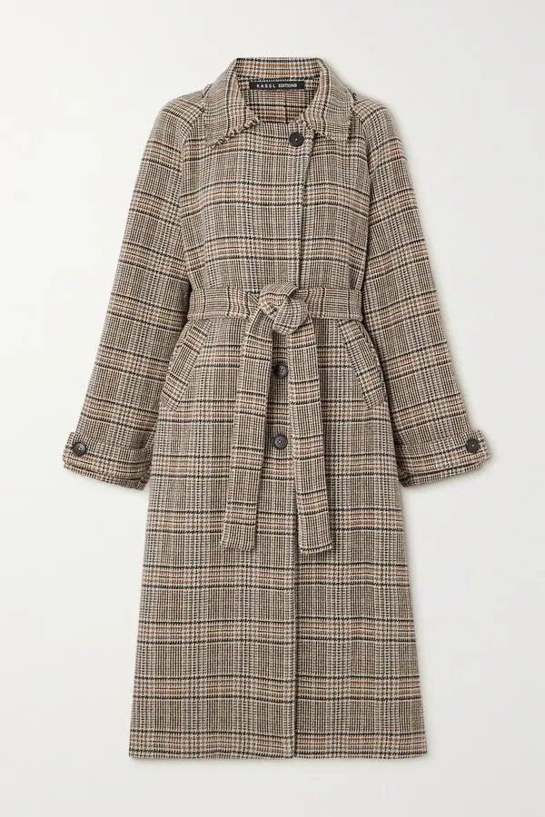KASSL EDITIONS Distressed Belted Checked Wool-blend Coat - Brown