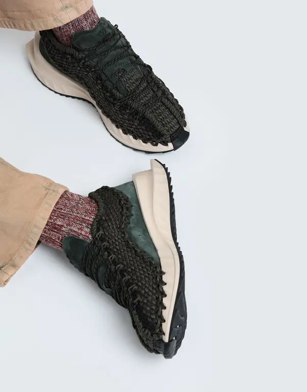 Valentino Garavani Lace-up Chunky Sneakers In Textile Fibers And Suede - Green