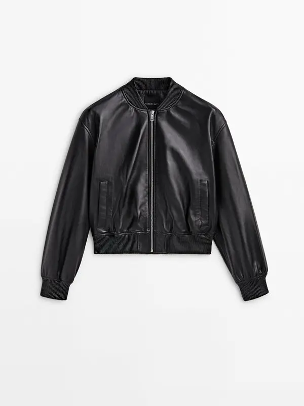 Massimo Dutti Nappa Leather Bomber Jacket Studio In Black