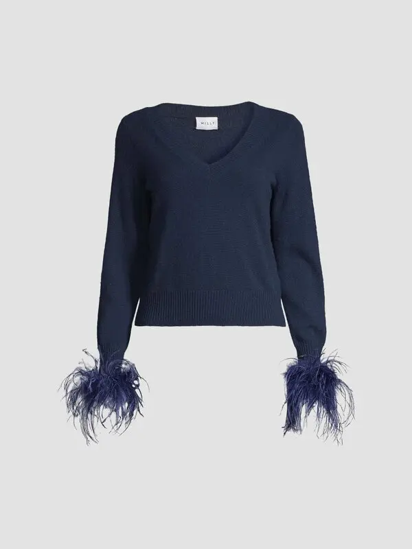 MILLY V-neck Feather-cuff Sweater