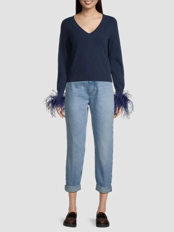 MILLY V-neck Feather-cuff Sweater