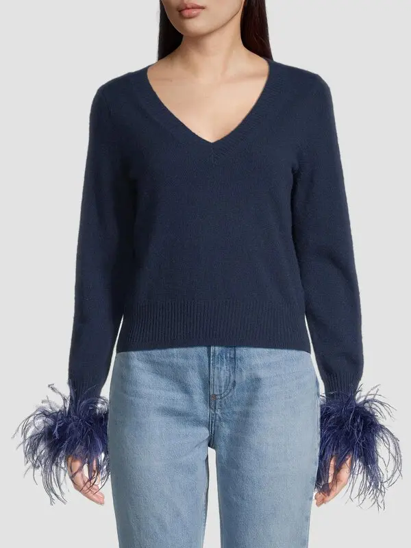 MILLY V-neck Feather-cuff Sweater