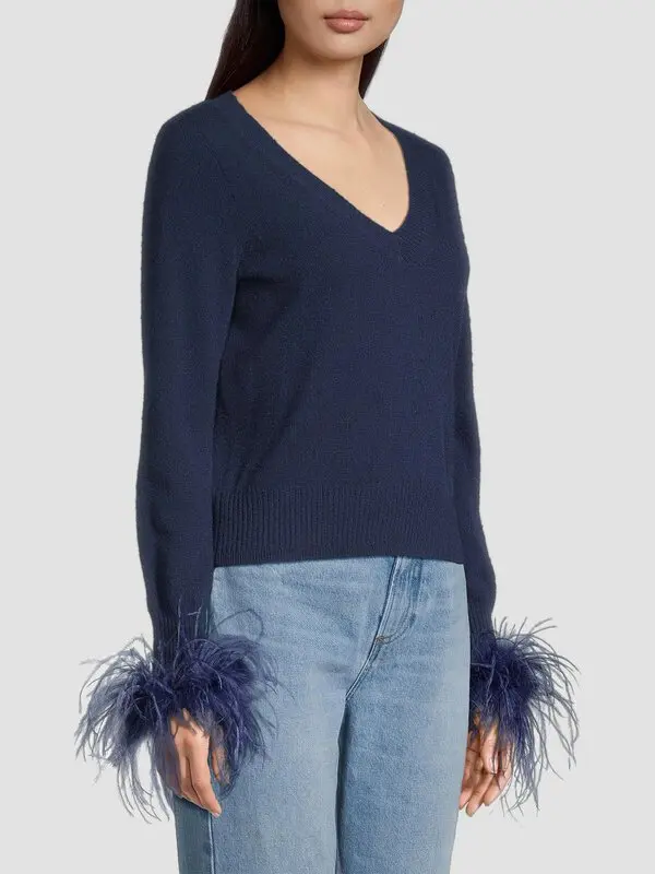 MILLY V-neck Feather-cuff Sweater