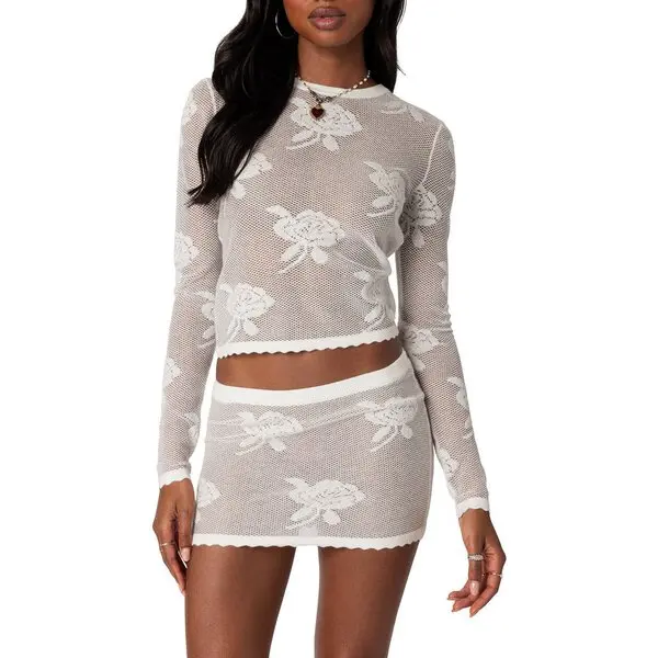 EDIKTED Saga Floral Jacquard Sweater - White