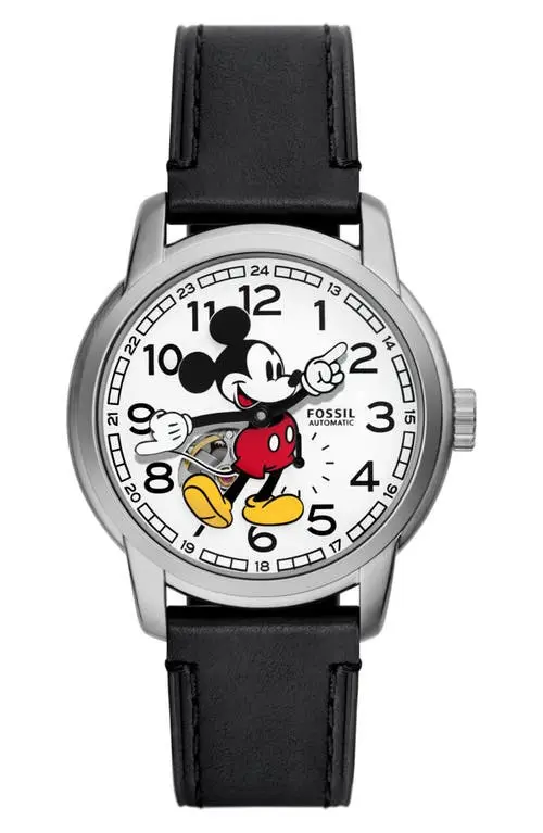 Fossil X Disney Classic Mickey Mouse Leather Strap Watch - Black