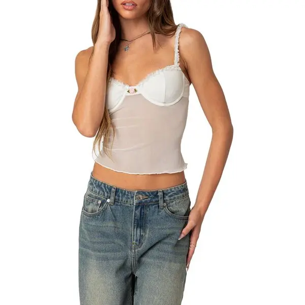 EDIKTED Lidia Sheer Mesh Bra Top - White