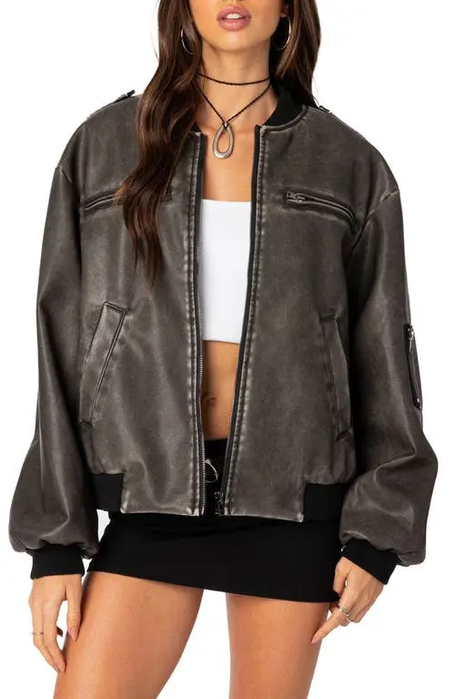 EDIKTED Vava Washed Faux Leather Bomber Jacket