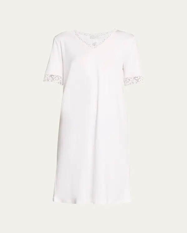 Hanro Mots Short Sleeve Lace Cotton Nightgown - White