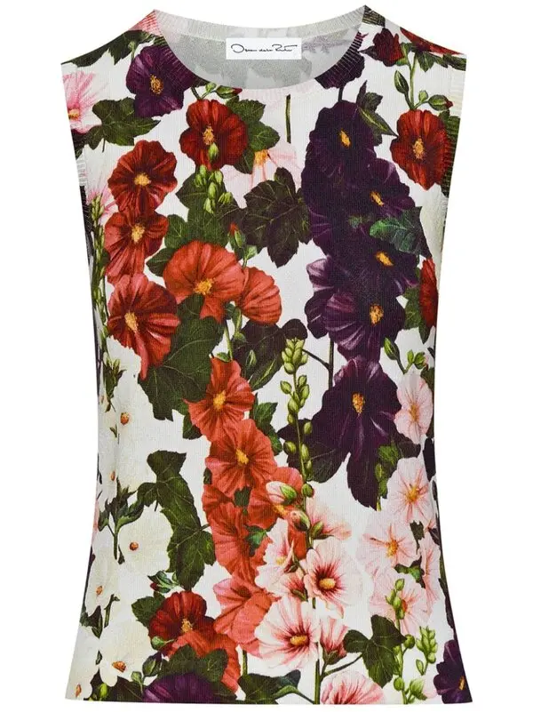 Oscar De La Renta Hollyhocks Floral-print Tank Top - Black