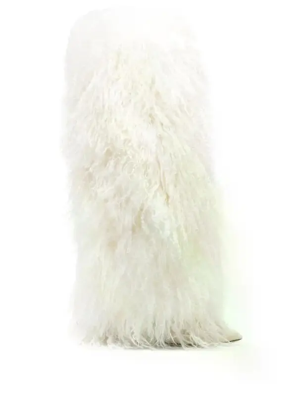 Paris Texas Shearling Knee-high Stiletto Boots - White