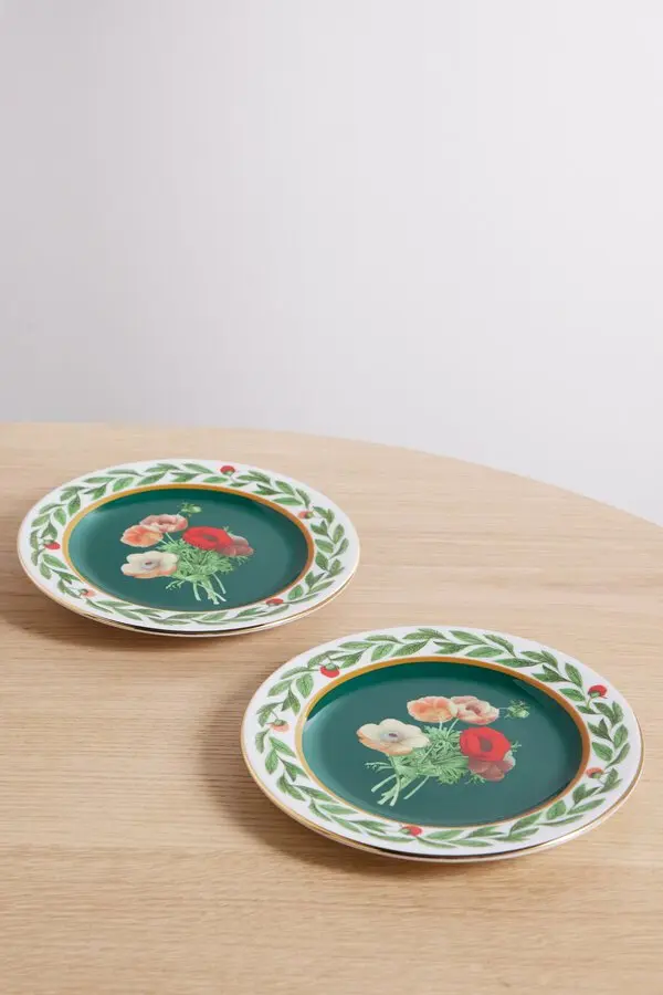 La DoubleJ Set Of Two Gold-plated Porcelain Dessert Plates - Green