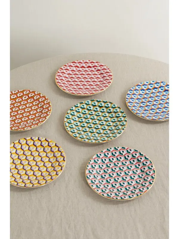 La DoubleJ Set Of Six Gold-plated Porcelain Dessert Plates - Green