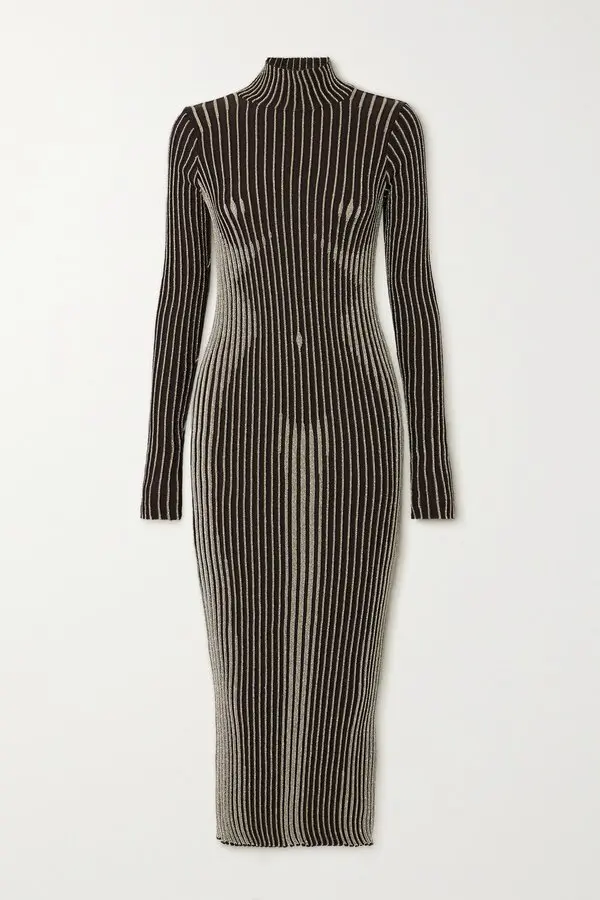 Jean Paul Gaultier Ribbed Metallic Turtleneck Midi Dress In Brown - 70% Off
