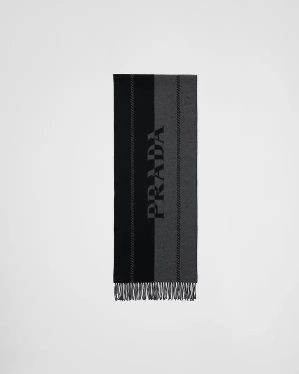 Prada Small Wool Scarf With Jacquard Logo - Slate Gray/black