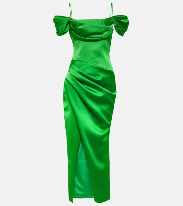 Rasario Draped Satin Midi Dress In Green - 50% Off | Editorialist