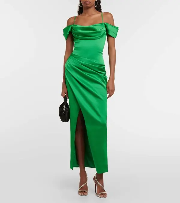 Rasario Draped Satin Midi Dress In Green - 50% Off | Editorialist