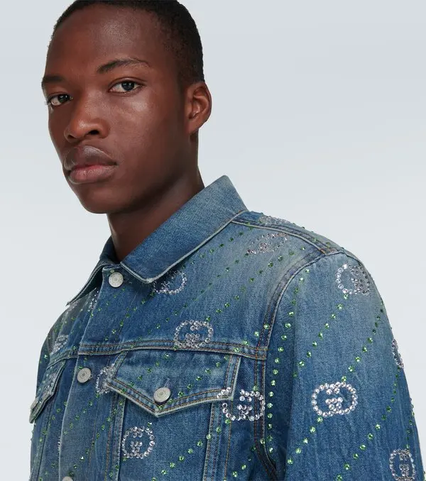 Gucci Interlocking G Crystal-Embellished Denim Jacket - Blue