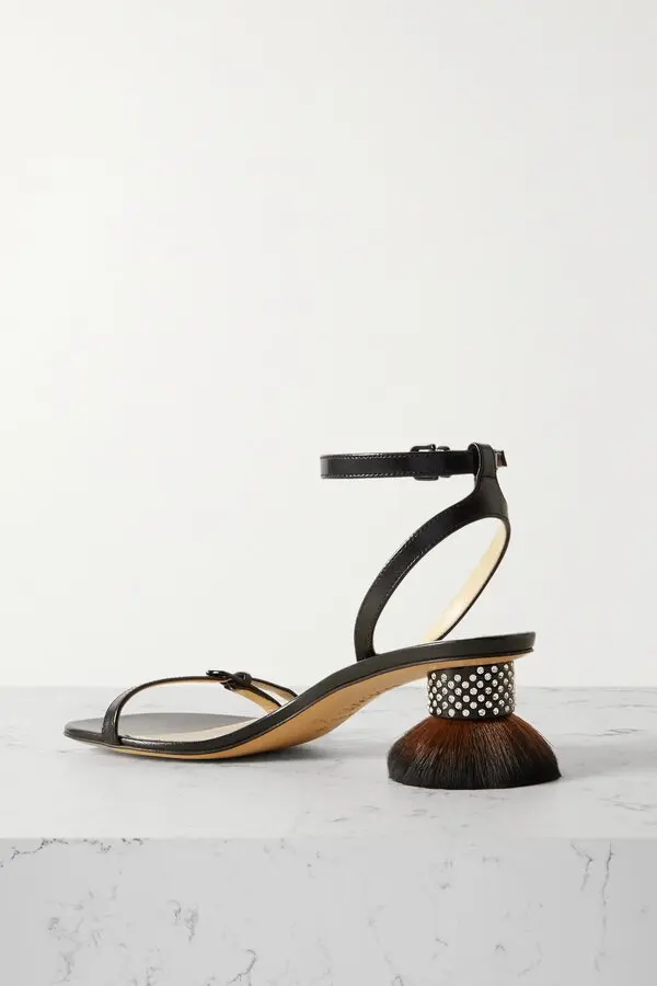 Loewe Petal Brush Crystal-embellished Leather Sandals - Black