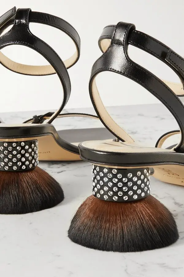 Loewe Petal Brush Crystal-embellished Leather Sandals - Black