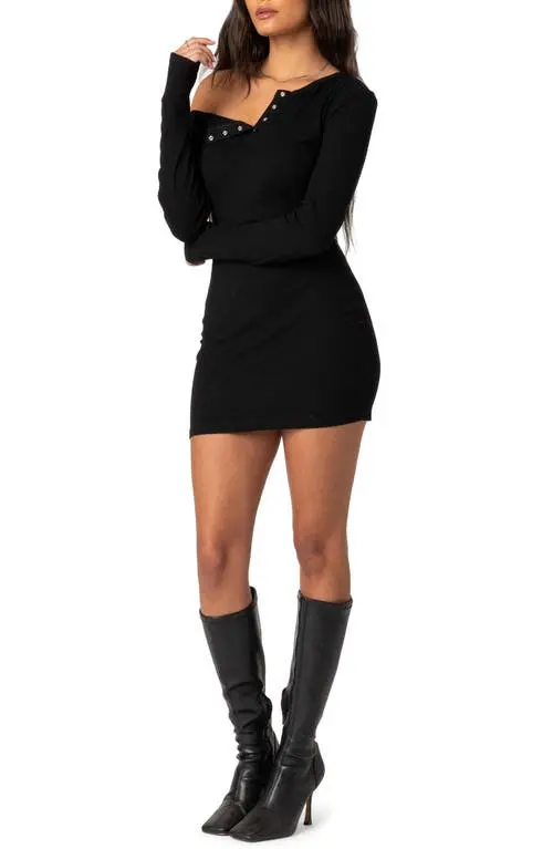 EDIKTED Soleste Long Sleeve Rib Henley Minidress
