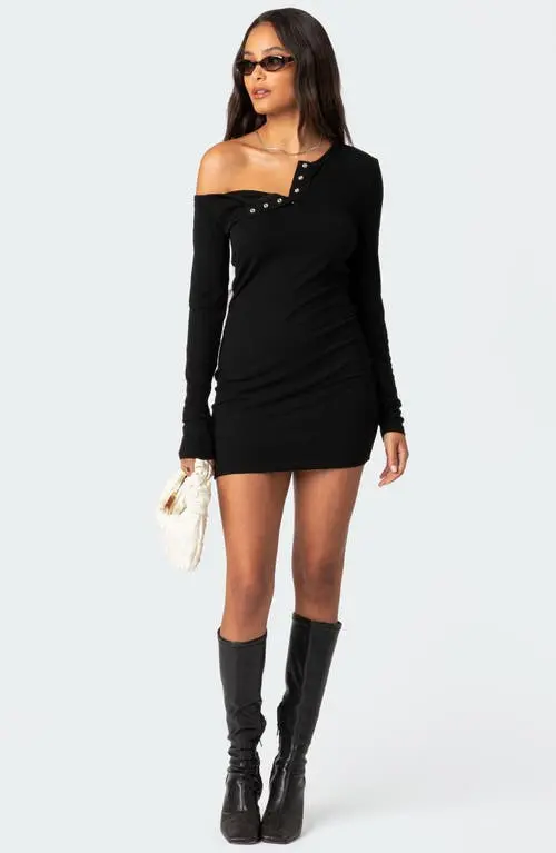 EDIKTED Soleste Long Sleeve Rib Henley Minidress