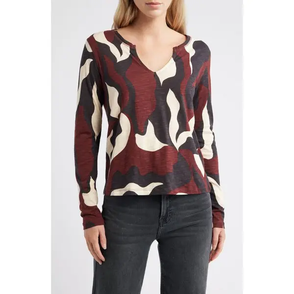 Sanctuary Print Split Neck Knit Top - Chicory Red