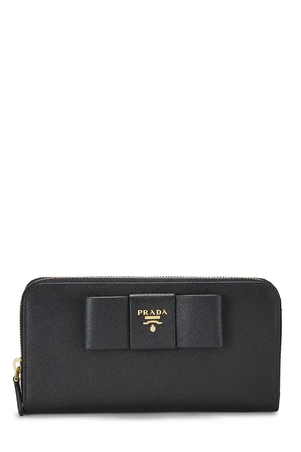 Prada Saffiano Bow Zip Around Wallet - Black