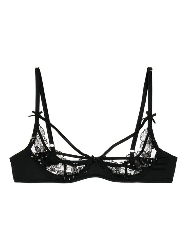FLEUR DU MAL Sequin Violet Floral-lace Ouvert Bra - Black