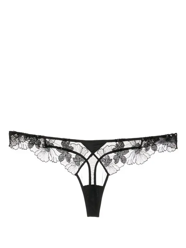 FLEUR DU MAL Sequin Violet Floral-lace Thong - Black