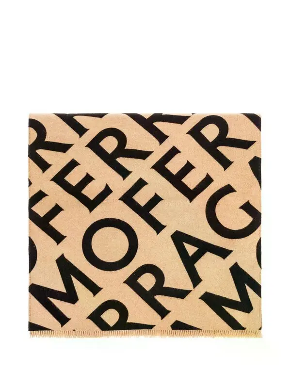 FERRAGAMO Logo Intarsia-knit Fringed Scarf - Neutrals