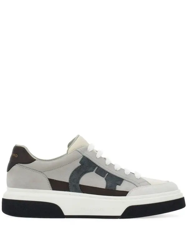 FERRAGAMO Gancini-embroidered Leather Sneakers - Grey