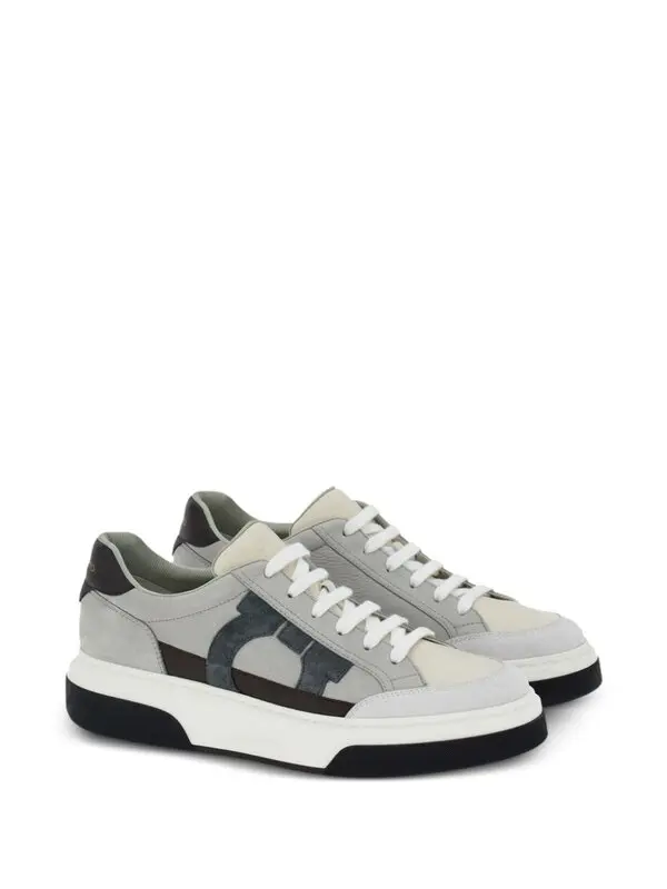 FERRAGAMO Gancini-embroidered Leather Sneakers - Grey
