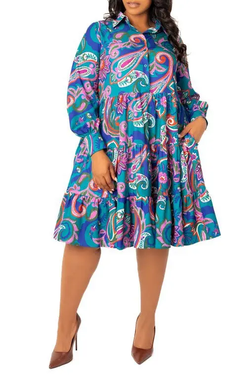 BUXOM COUTURE Floral Shirtdress - Teal Multi
